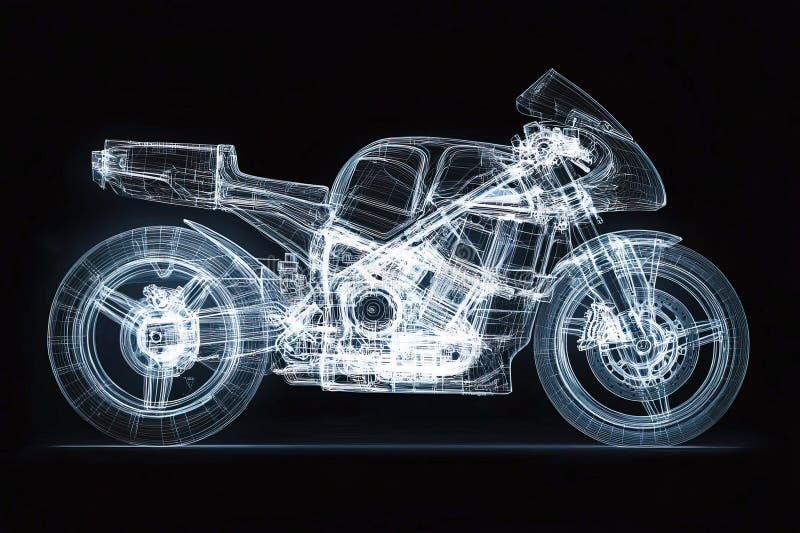 Transparent Contemporary Motorcycle in X Ray on Black Background Side ...