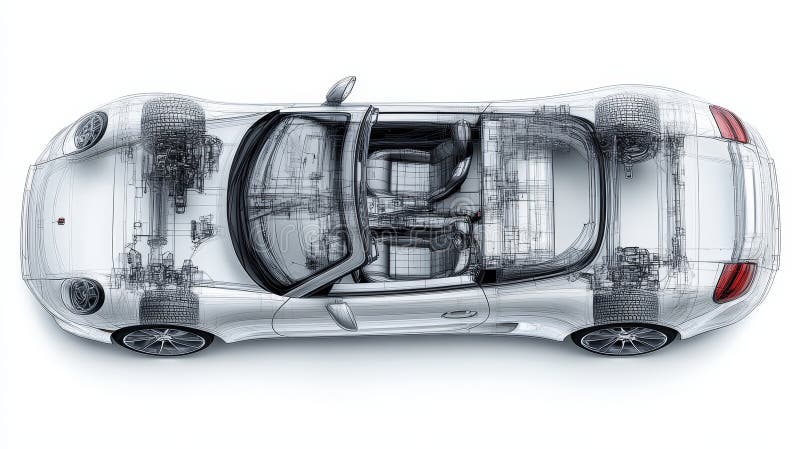 Transparent Convertible Car with Visible Engine and Chassis on White ...