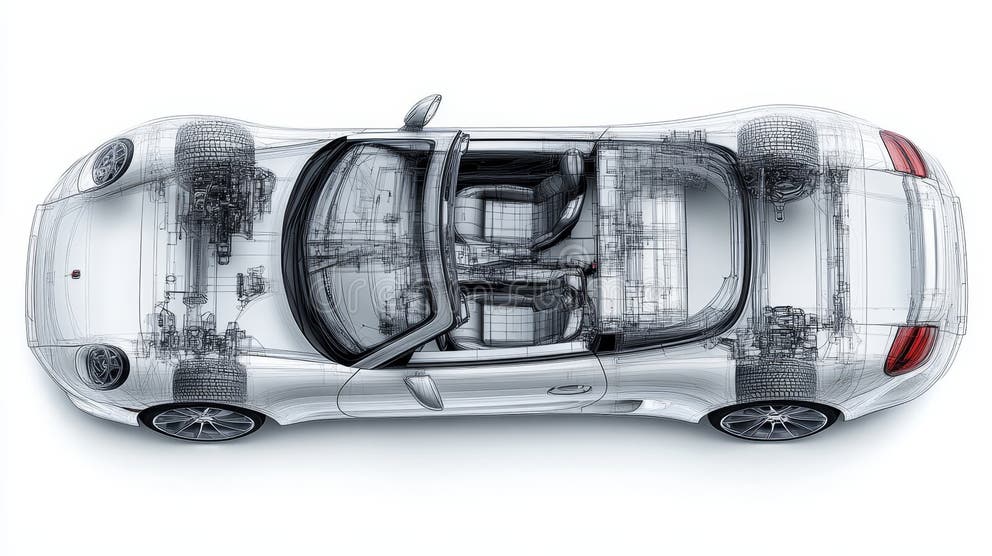 Transparent Convertible Car with Visible Engine and Chassis on White ...