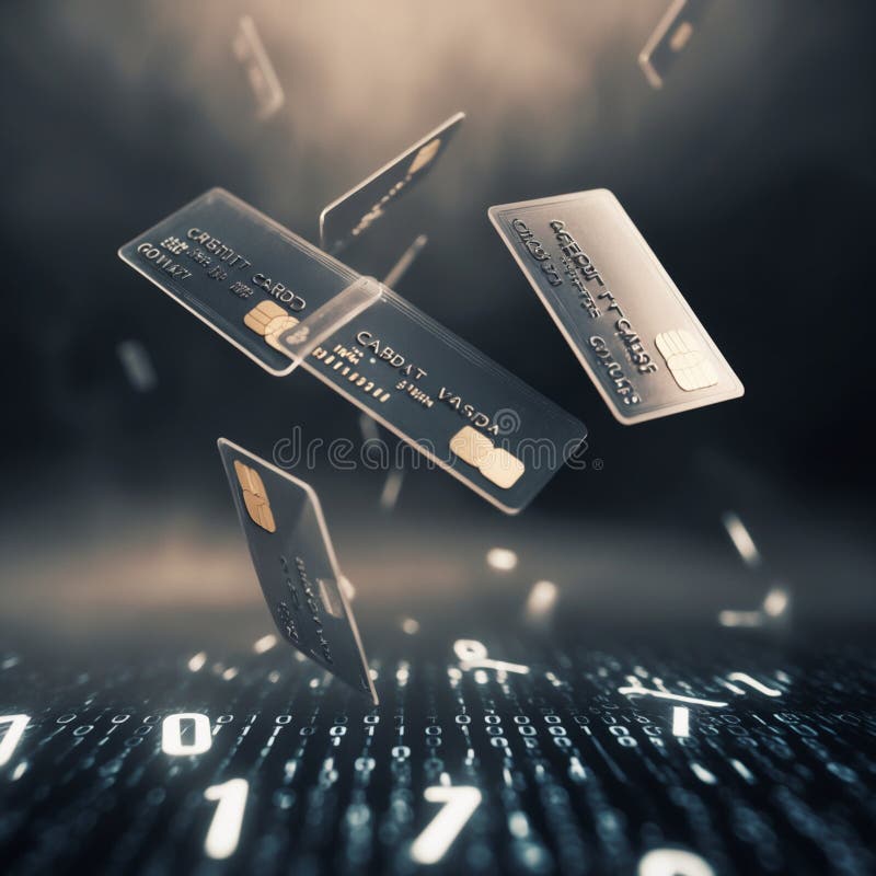 Transparent Credit Cards Hovering in Binary Code Stock Illustration ...