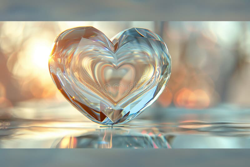 Crystal Heart on a Reflective Surface. Light Sparkles through the ...