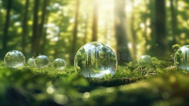 Transparent Crystal Sphere in a Green Forest Filled with Sunlight ...