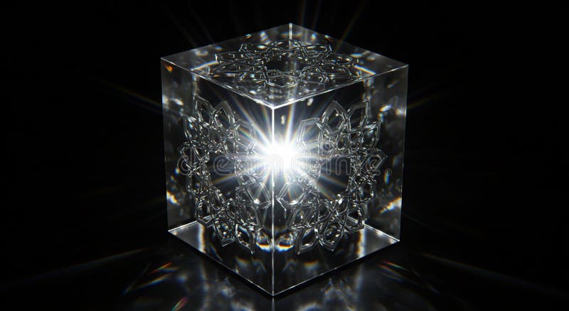 A Transparent, Crystalline Cube with Intricate Geometric Patterns on ...