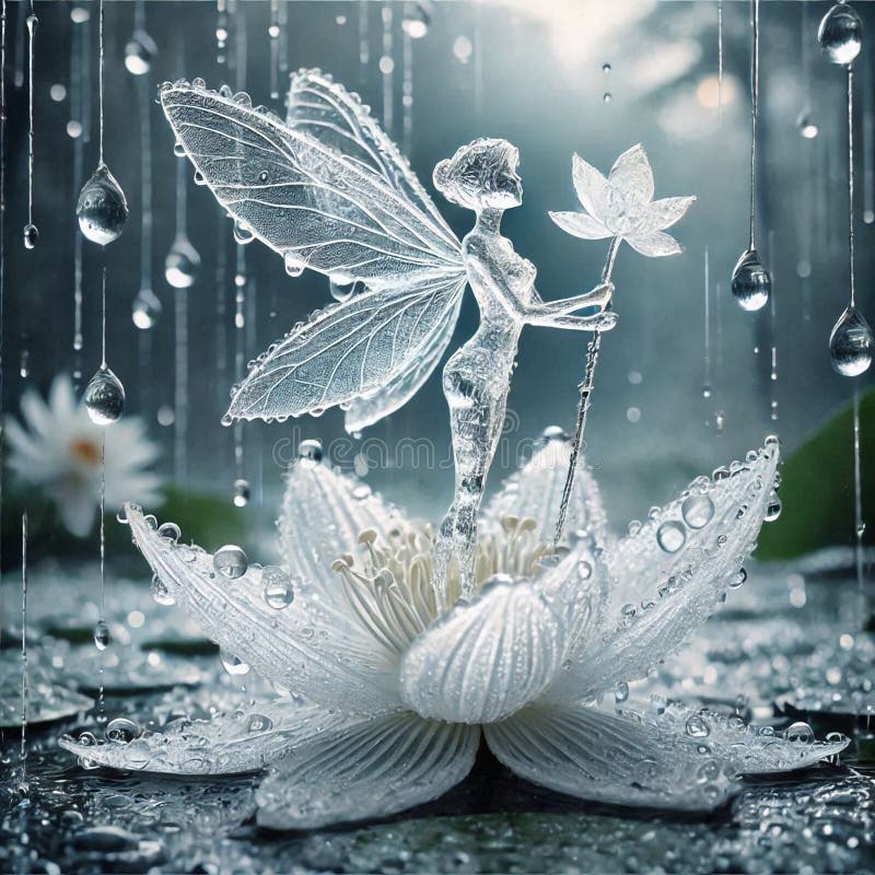 A Transparent Crystalline Fairy Standing on White Flower with Visible ...