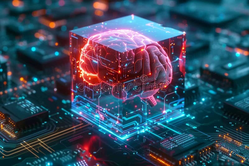 Transparent Cube with Brain on Microchip Circuitry, AI Concept Stock Illustration - Illustration ...
