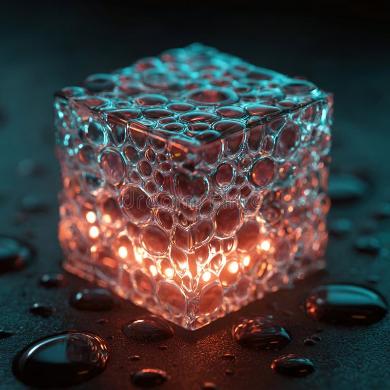 A Transparent Cube with Bubbles Illuminated from within, Resting on a ...