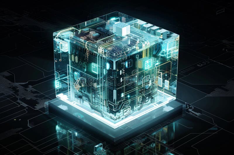 Transparent Cube with Circuitry Details on Black Background Glowing ...