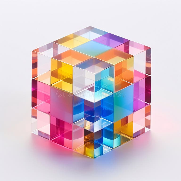 Transparent Cube with Colorful Blocks Inside on a White Surface, in the ...