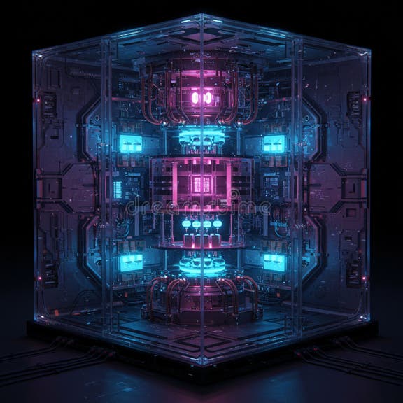 A Transparent Cube Encloses a Complex, Futuristic Machine with Neon ...