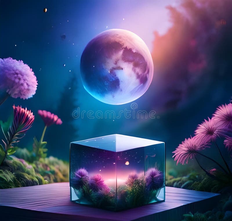 Transparent Cube Under the Moon in Nature Stock Illustration ...