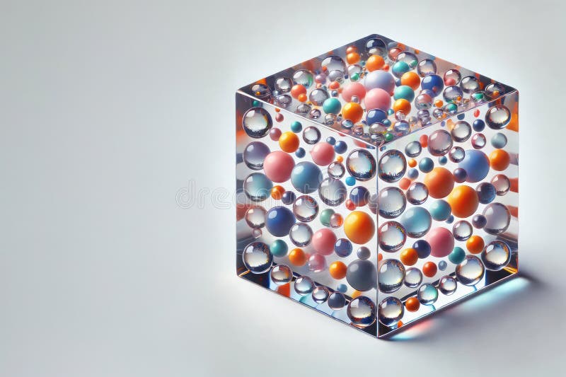 A Transparent Cube with Multi-colored Spheres Inside. Space for Text ...