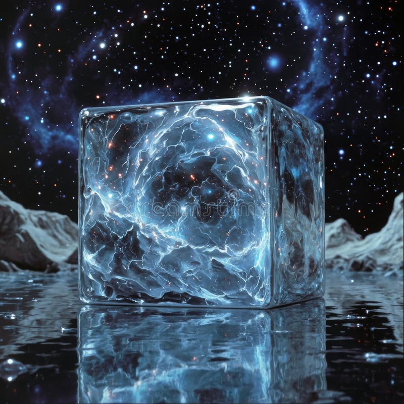 A Transparent Cube with a Neon Nebula Inside, Standing on Water in a ...