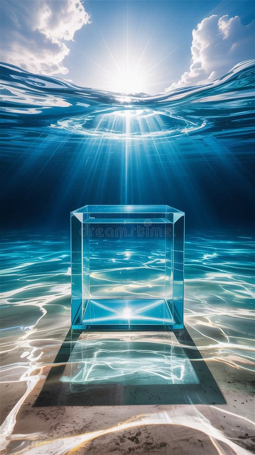 Transparent Cube Podium Beneath Ocean Surface Illuminated by Sunlight ...