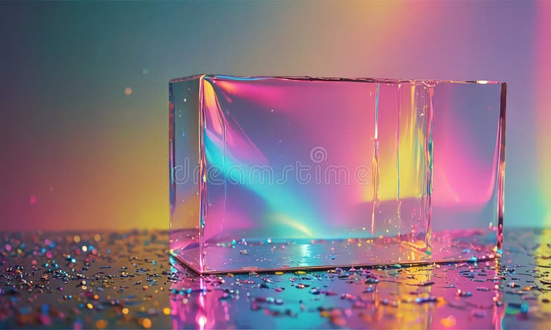 Transparent Cube with Reflective Surface Sits on Glittery Surface ...
