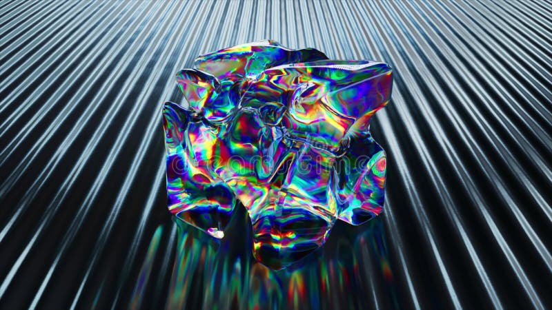 A Transparent Cube Stands on a Dark Ribbed Surface. Liquid Diamond ...