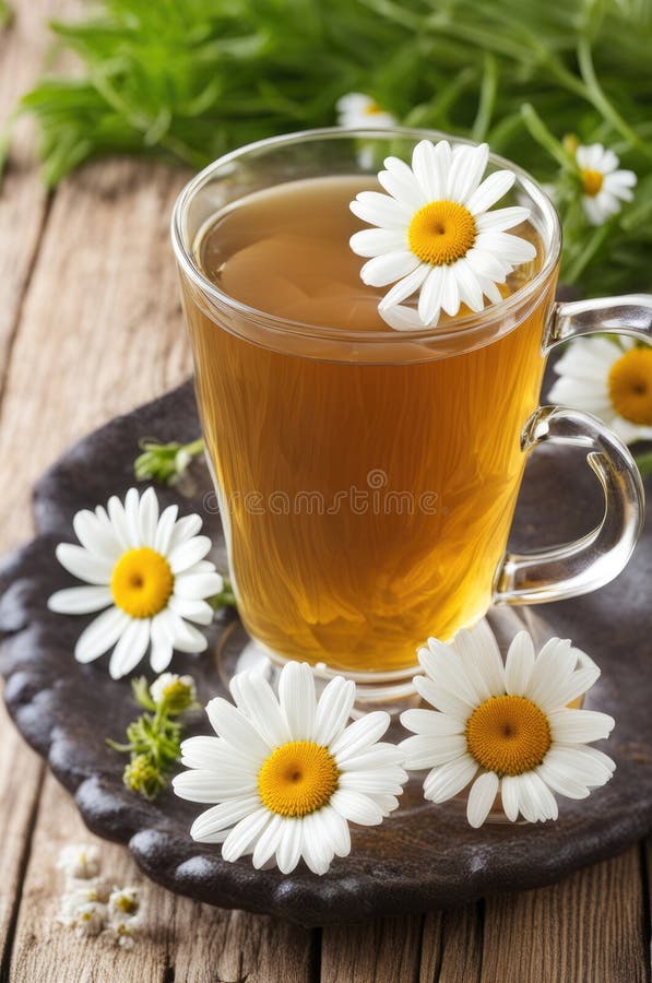 Transparent Cup of Chamomile Tea with Fresh Flowers on Wooden Surface ...