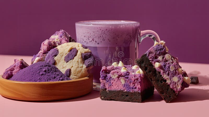Transparent Cup with Frothy Ube Latte and Ube Desserts on Pink Surface ...