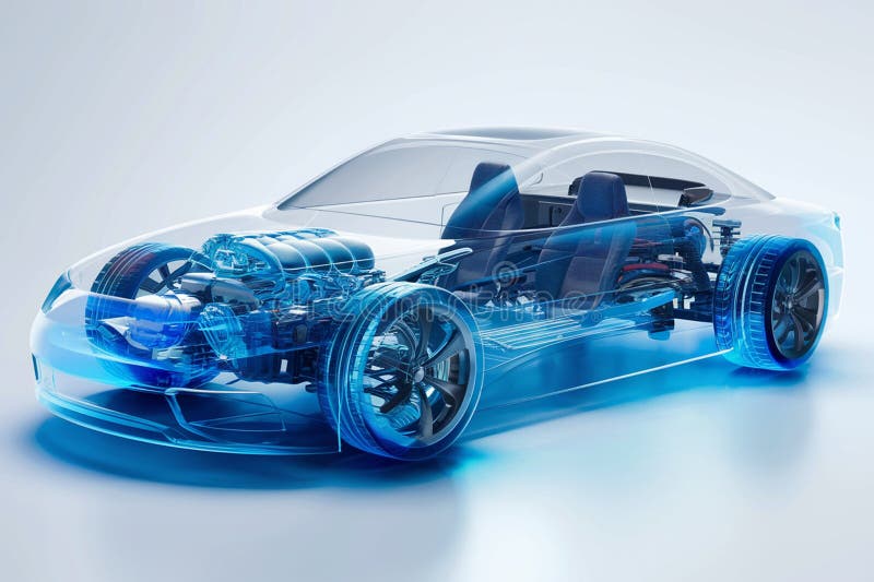 Transparent 3D Model of a Modern Car Showing Engine Chassis and ...