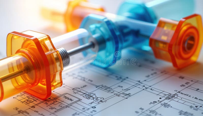 Transparent 3D Models of Machine Parts Lie Over Engineering Drawings ...
