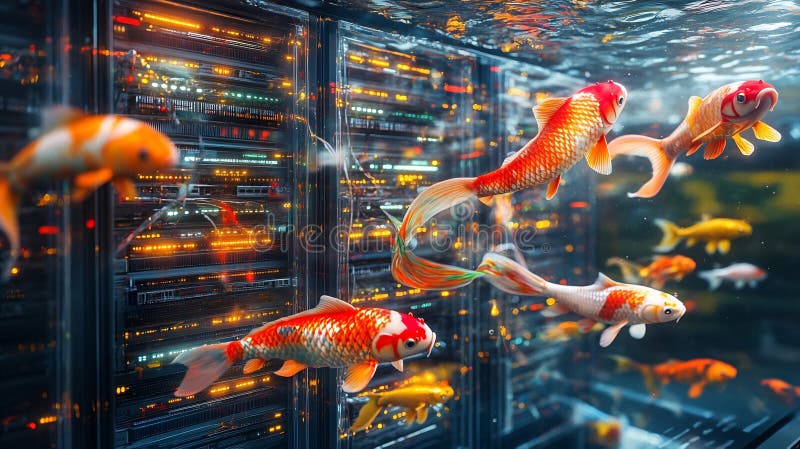 Transparent Data Center Server Cabinet with Vibrant Koi Fish Swimming ...