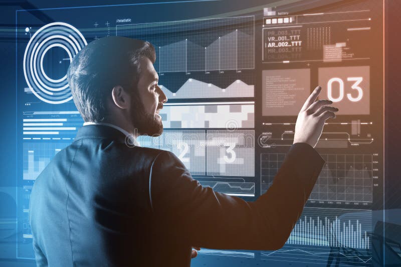 Cheerful Web Developer Touching the Transparent Screen and Looking ...