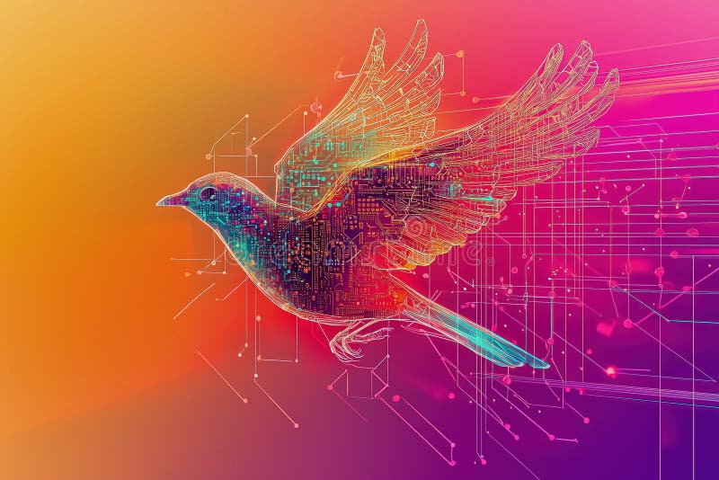 Transparent Digital Bird with AI Microchip Wings on a Gradient ...