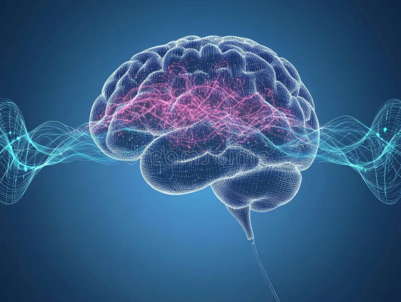 Transparent Digital Brain with Pink Electric Waveforms on a Blue ...