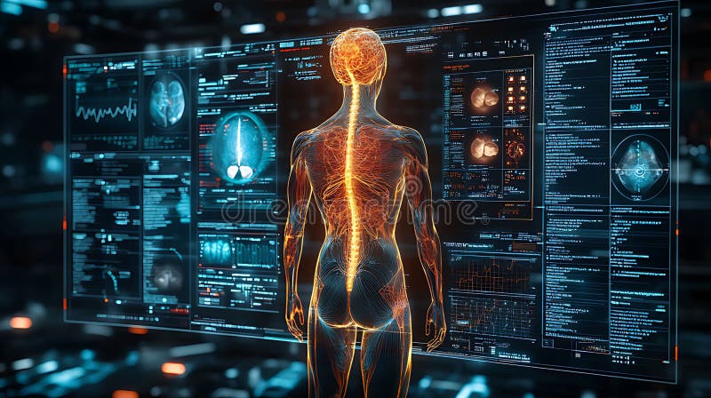 A Transparent Digital Human Body with Glowing Spinal Cord and Brain in ...