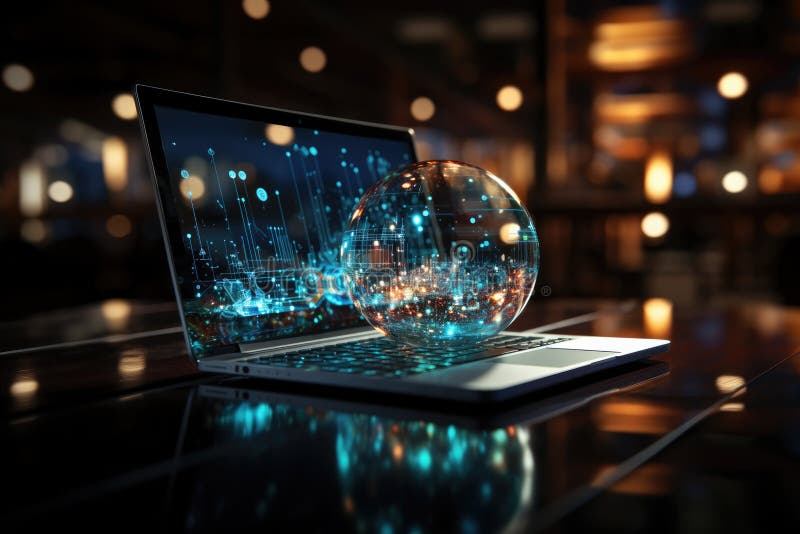 Transparent Digital Laptop and Globe from Transparency of Dots Blue ...