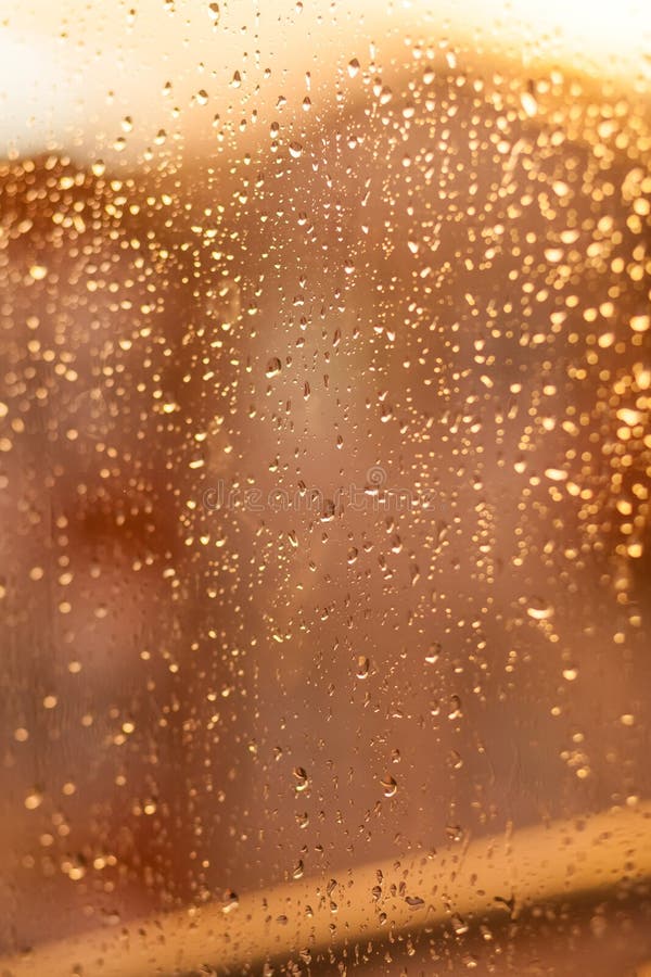 Transparent Drops of Rain on the Window in the Rays of the Sunset Stock ...