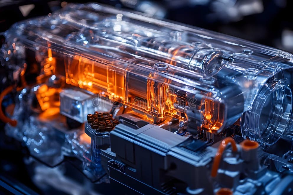 Transparent Engine Model with Glowing Internal Components and Metallic ...
