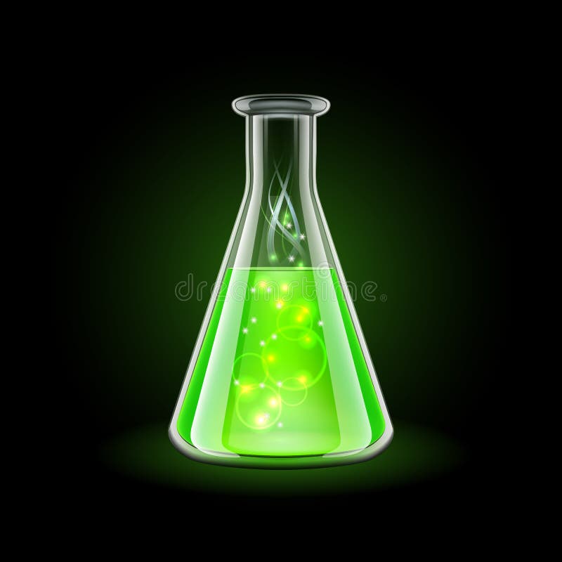 Transparent Flask with Magic Green Liquid on Black Stock Vector ...