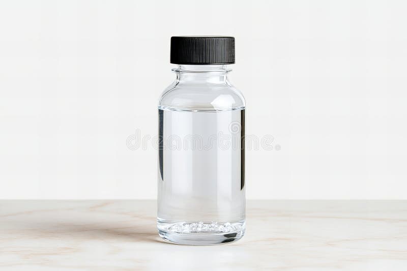 Transparent Glass Bottle with Clear Liquid and Black Cap on Marble ...