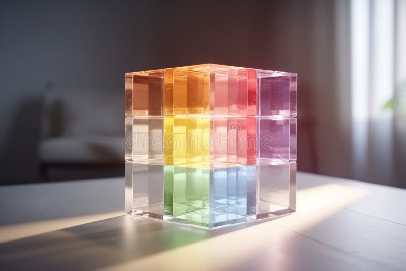 Transparent Glass Cube Illuminated with Light and Reflects Colorful ...