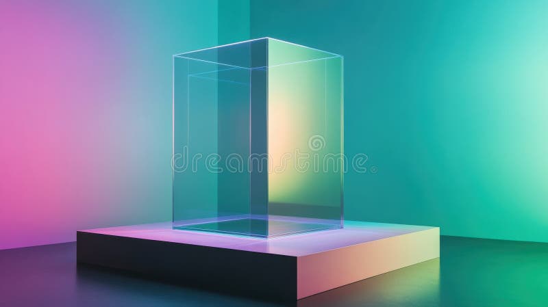 Transparent Glass Cube on Illuminated Platform with Gradient Color ...
