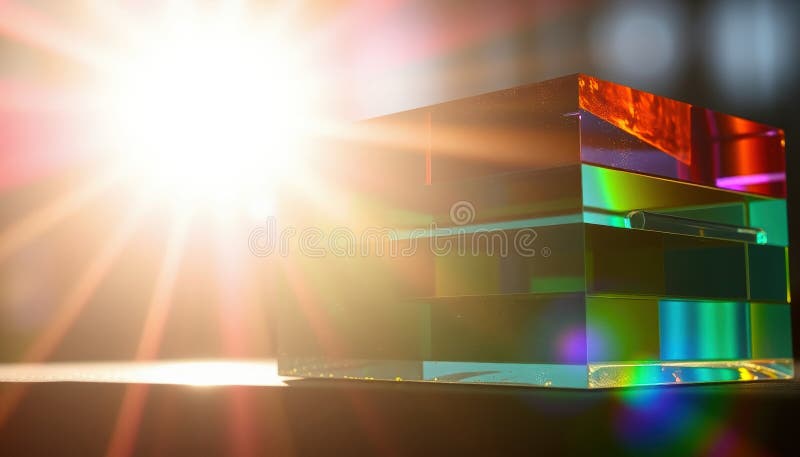 Transparent Glass Cube Prism with Rainbow Light Dispersion and Sun ...