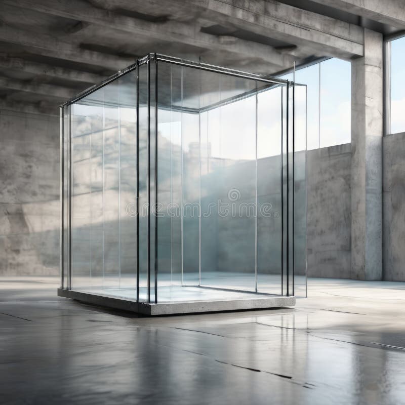 Transparent Glass Cube Structure in a Modern Concrete Building during ...