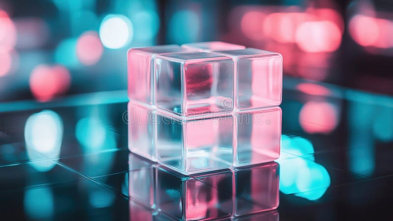 Transparent Glass Cube Structure Reflecting Pink and Teal Lights Stock ...