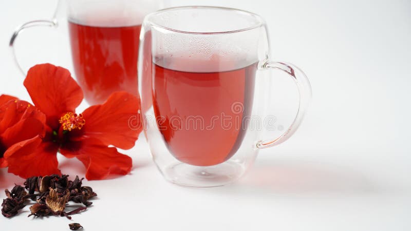 A Transparent Glass with Hot Red Carcade Floral Tea Stock Image - Image ...