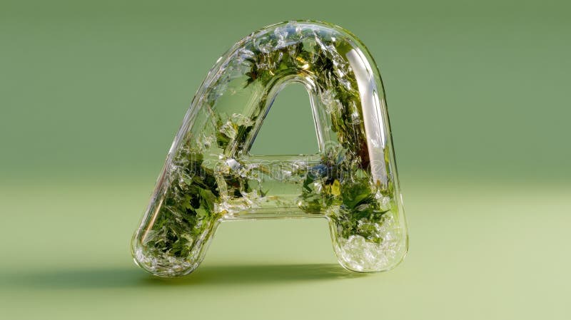 Transparent Glass Letter a with Green Leaves on Soft Green Background ...
