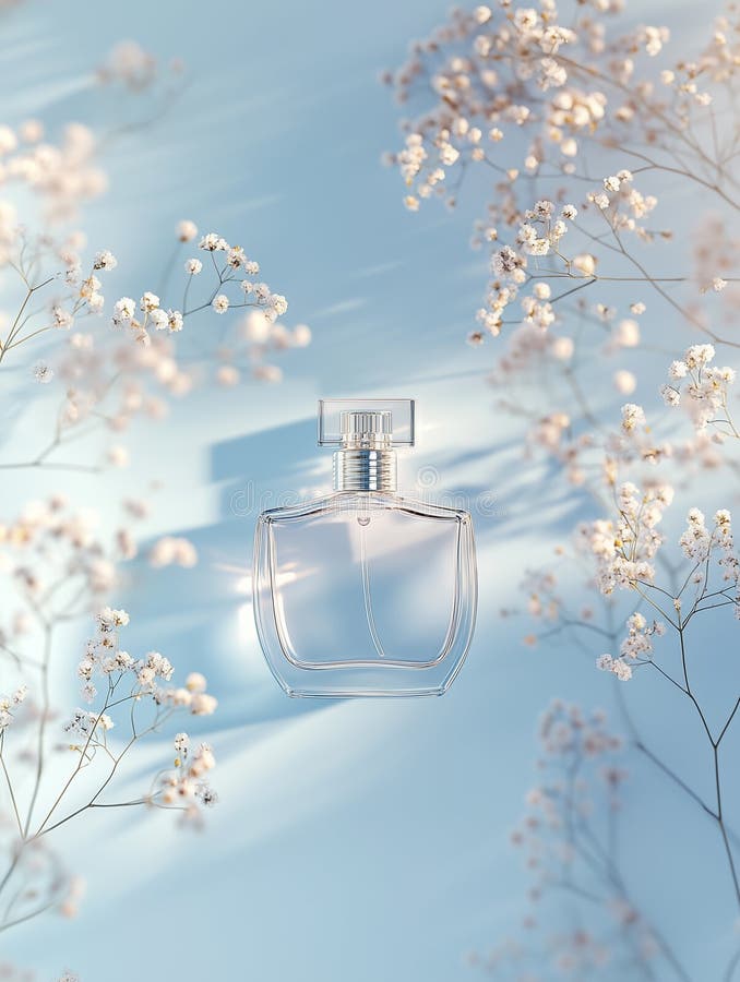Transparent Glass Perfume Bottle on Blue Background with Flowers Stock ...