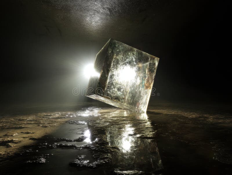 Tilted Glass Prism Cube in Shallow Water Stock Illustration ...