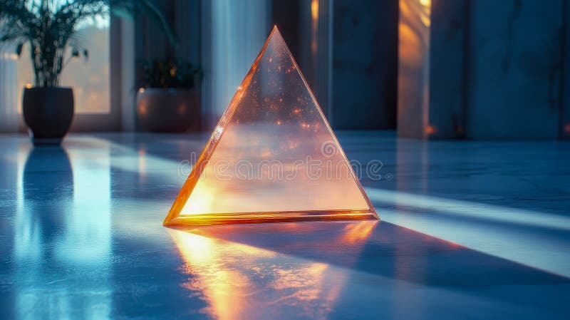 A Transparent Glass Pyramid Illuminated by Soft Glowing Orange Light ...
