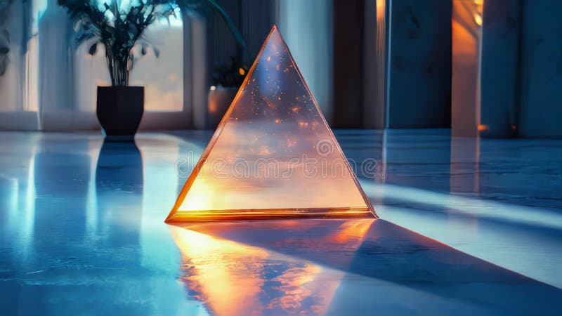 A Transparent Glass Pyramid Illuminated by Soft Glowing Orange Light ...