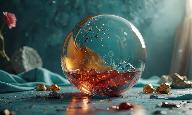 Transparent Glass Sphere Filled with Red Liquid and Small Gold and ...