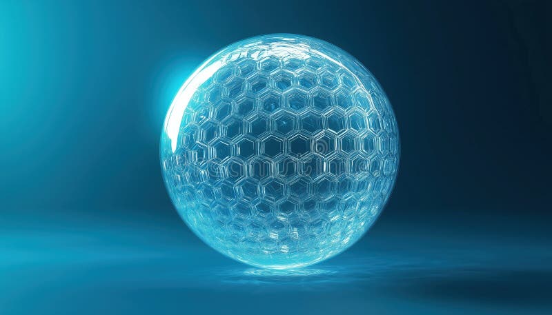 Transparent Glass Sphere Shield with Hexagon Pattern on Blue Background ...