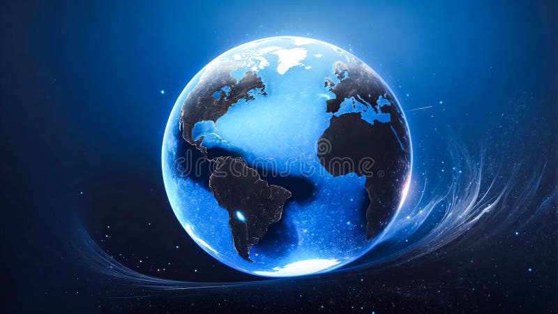 Transparent Globe of Earth Planet from Blue Glowing Particulars on Blue ...