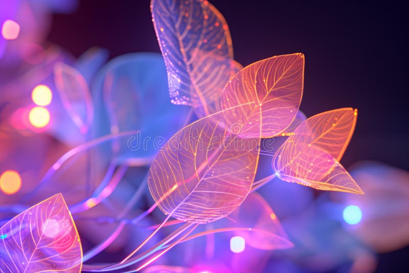 Transparent Glowing Neon Leaves Against Dark Background with Bokeh ...