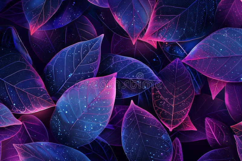 Transparent Glowing Neon Leaves Against Dark Background with Bokeh ...