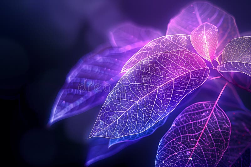 Transparent Glowing Neon Leaves Against Dark Background with Bokeh ...
